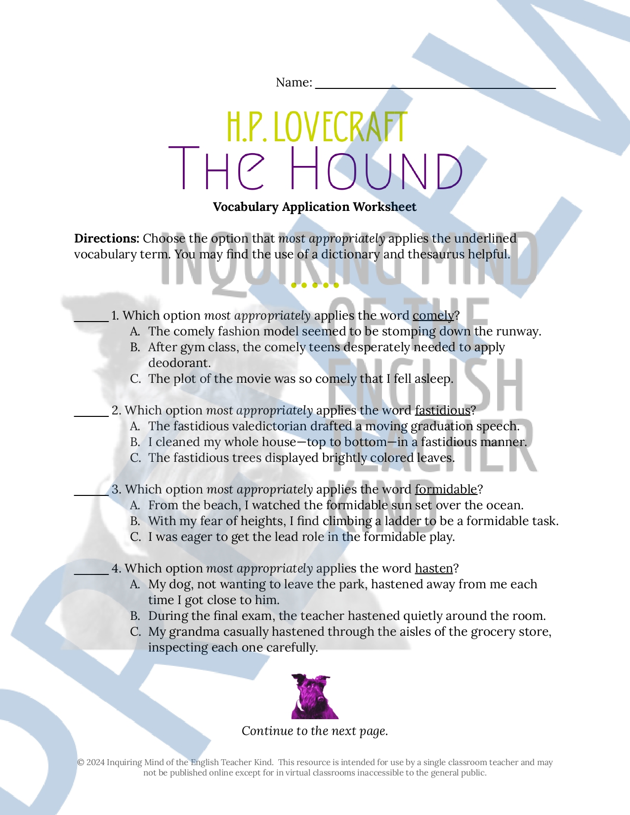 "The Hound" by H.P. Lovecraft Quiz, Analysis Worksheet, and Vocabulary ...