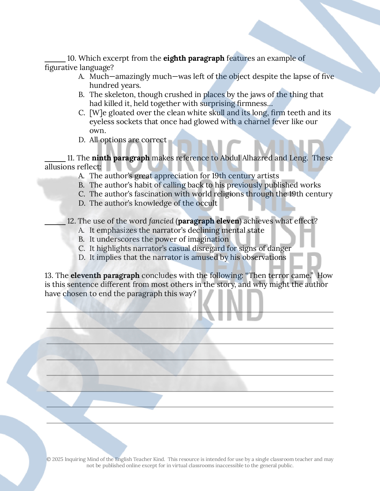 H.P. Lovecraft's Short Stories - Quizzes and Analysis Activities ...