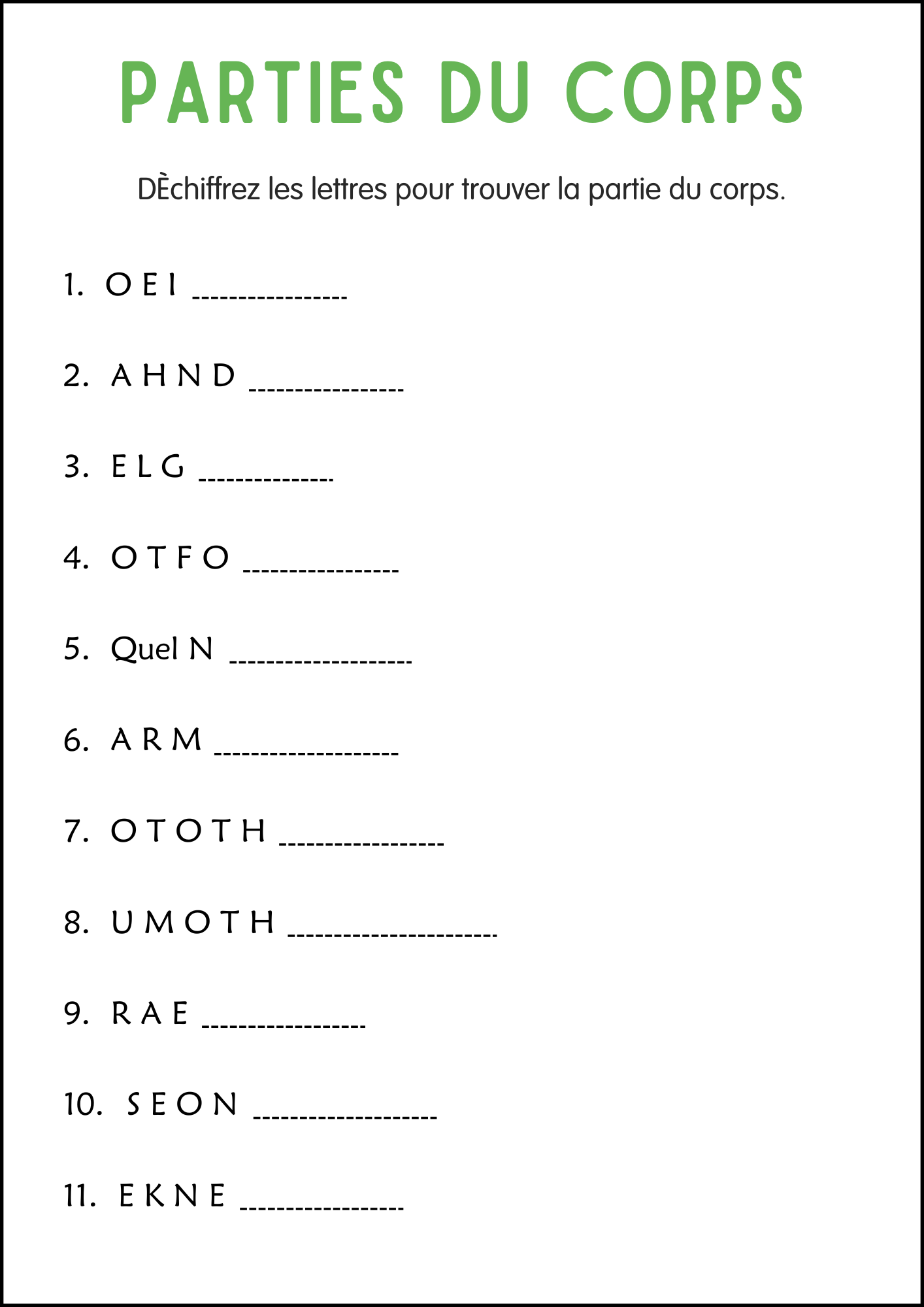 Human Body Parts Worksheets in French - Feuilles de Travail Sur les ...