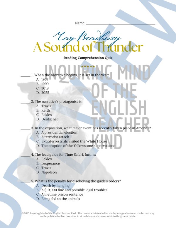 "A Sound of Thunder" by Ray Bradbury Quiz and Answer Key (Science ...