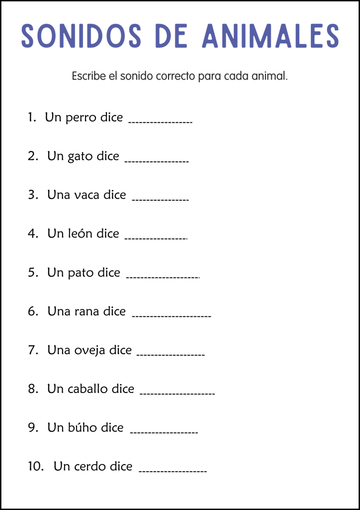 Sounds of Animals Worksheet in Spanish - Hojas de trabajo de Sonidos de ...