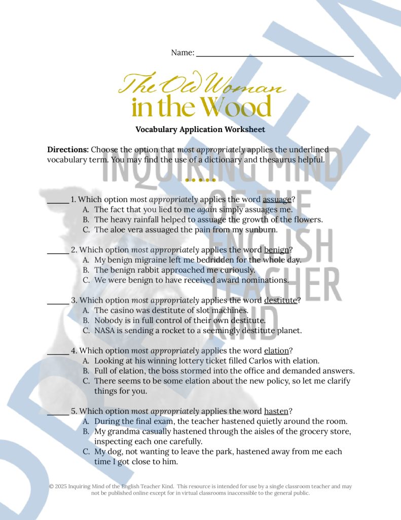 "The Old Woman in the Wood" Quiz, Analysis Worksheet, and Vocabulary ...