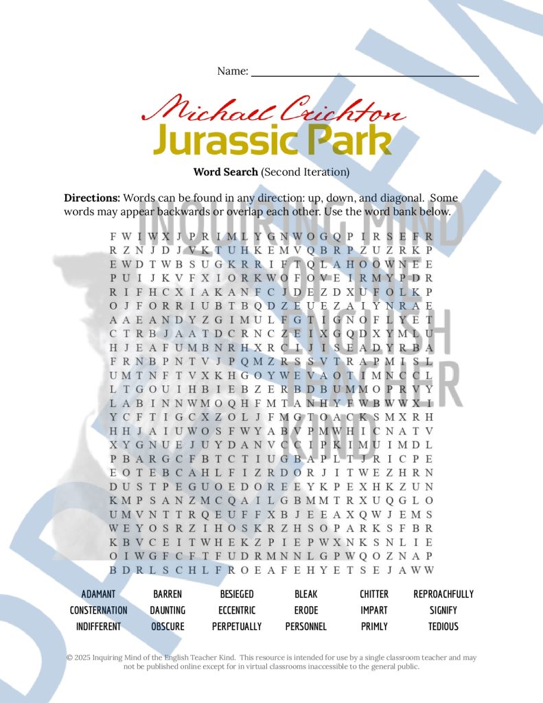 Jurassic Park by Michael Crichton Vocabulary Games (Second Iteration ...