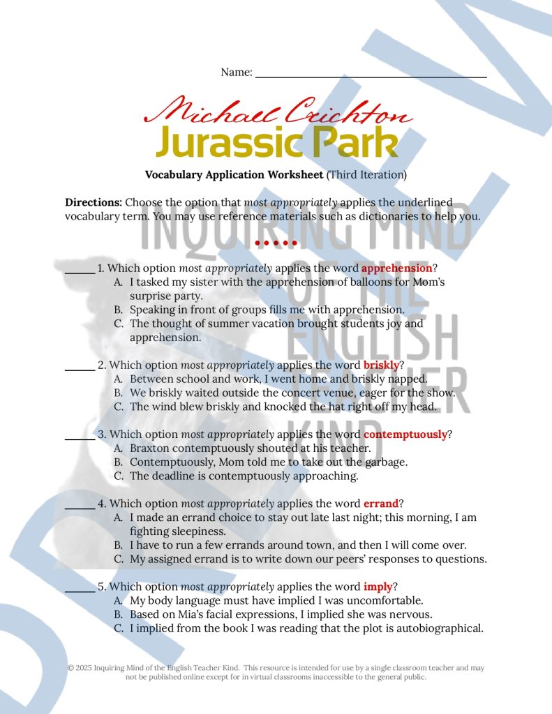 Jurassic Park by Michael Crichton Vocabulary Games (Third Iteration ...