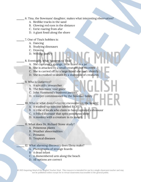 Jurassic Park by Michael Crichton First Iteration Quiz and Answer Key ...