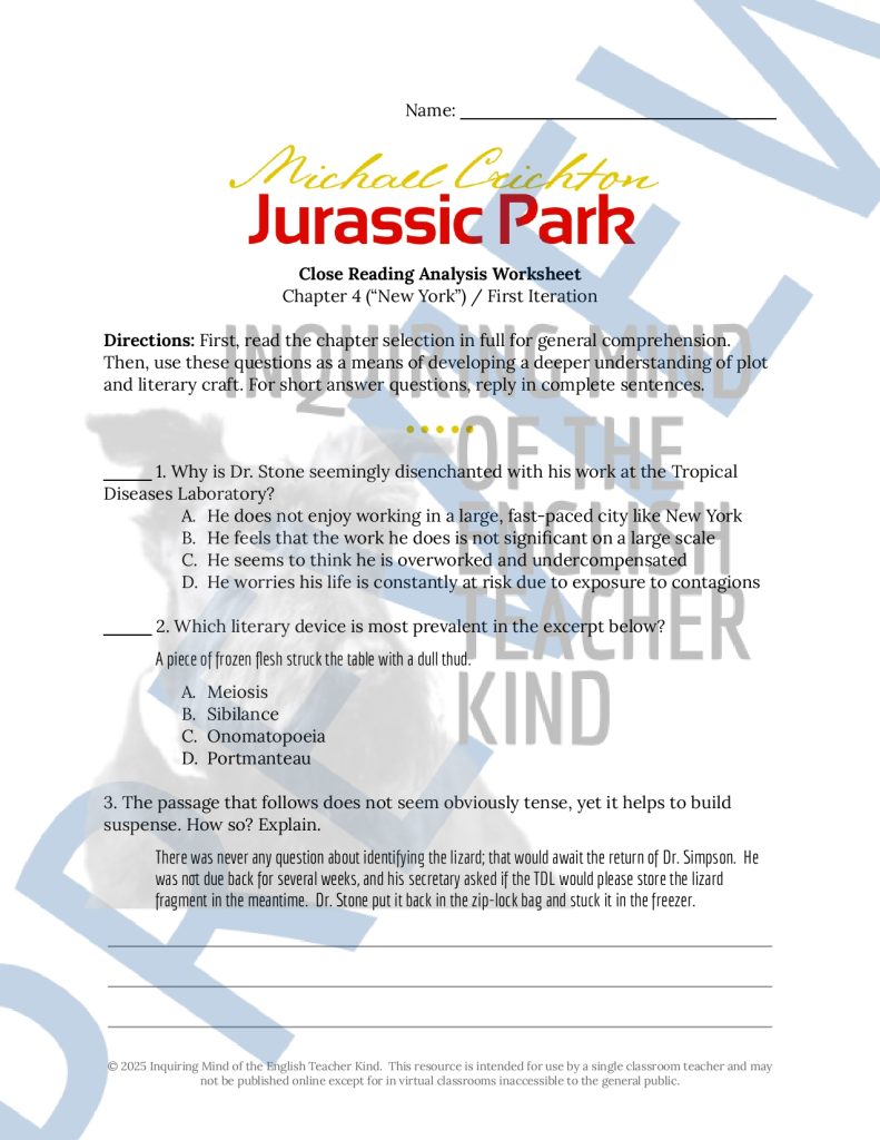 Jurassic Park First Iteration Quiz, Analysis Worksheet, and Vocabulary ...