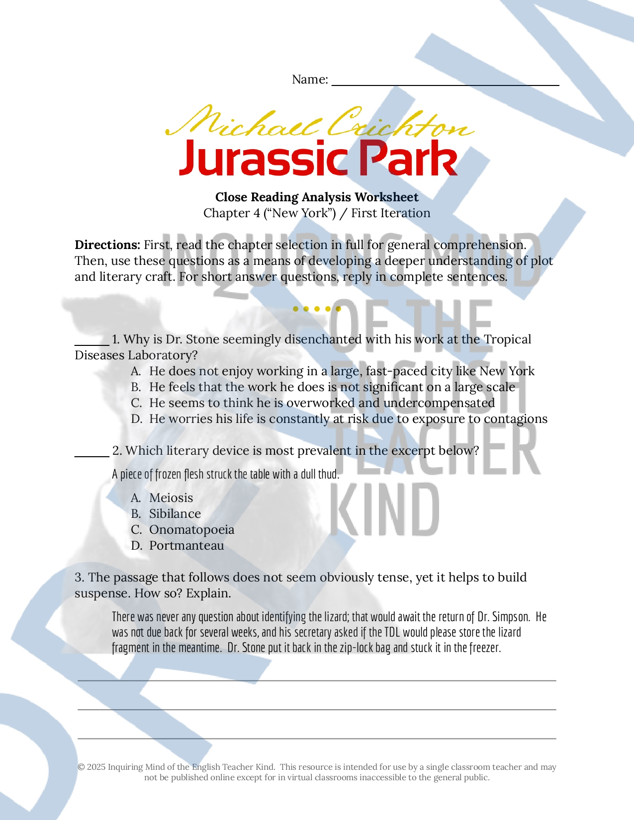 Jurassic Park First Iteration Quiz, Analysis Worksheet, and Vocabulary ...
