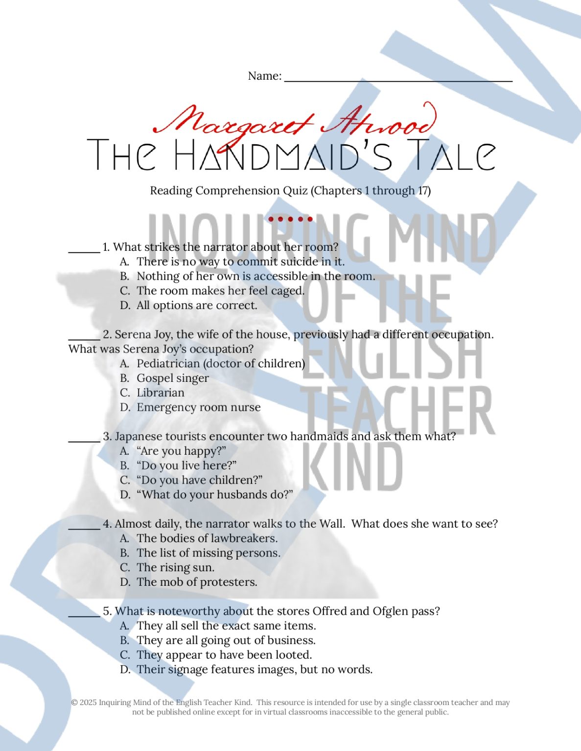 The Handmaid's Tale Chapters 1 through 17 Quizzes and Answer Keys ...