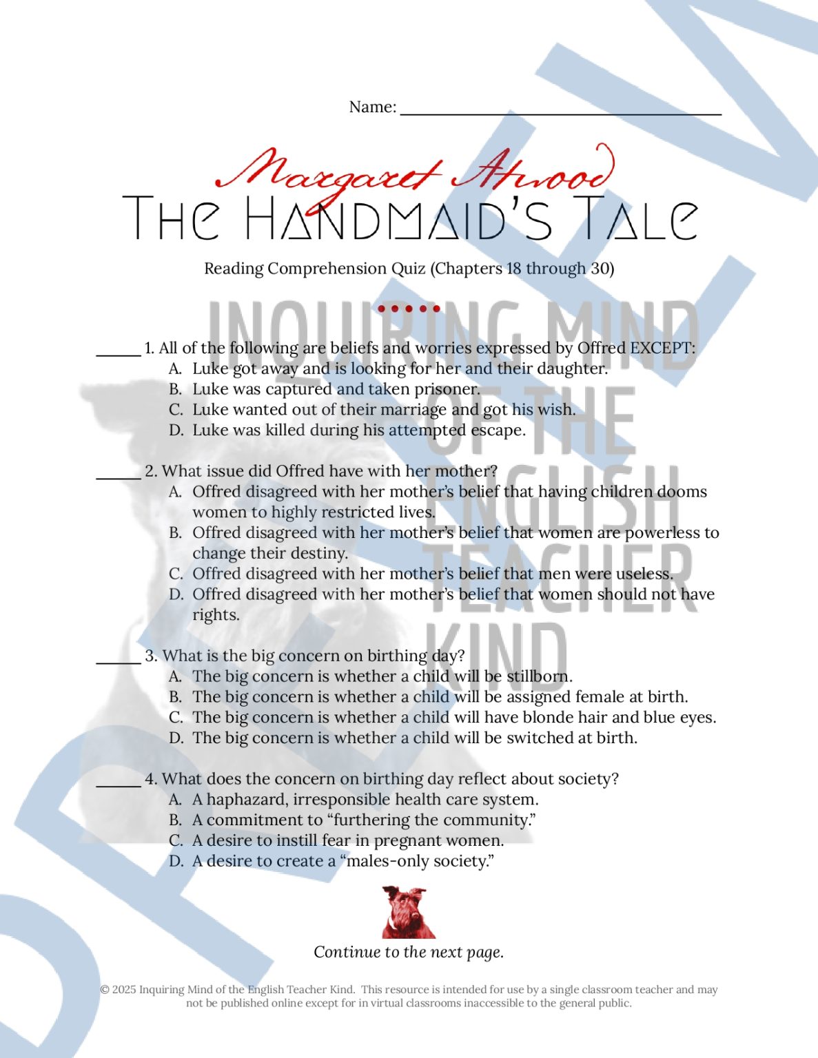 The Handmaid's Tale Chapters 18 through 30 Quizzes and Answer Keys | Made By Teachers