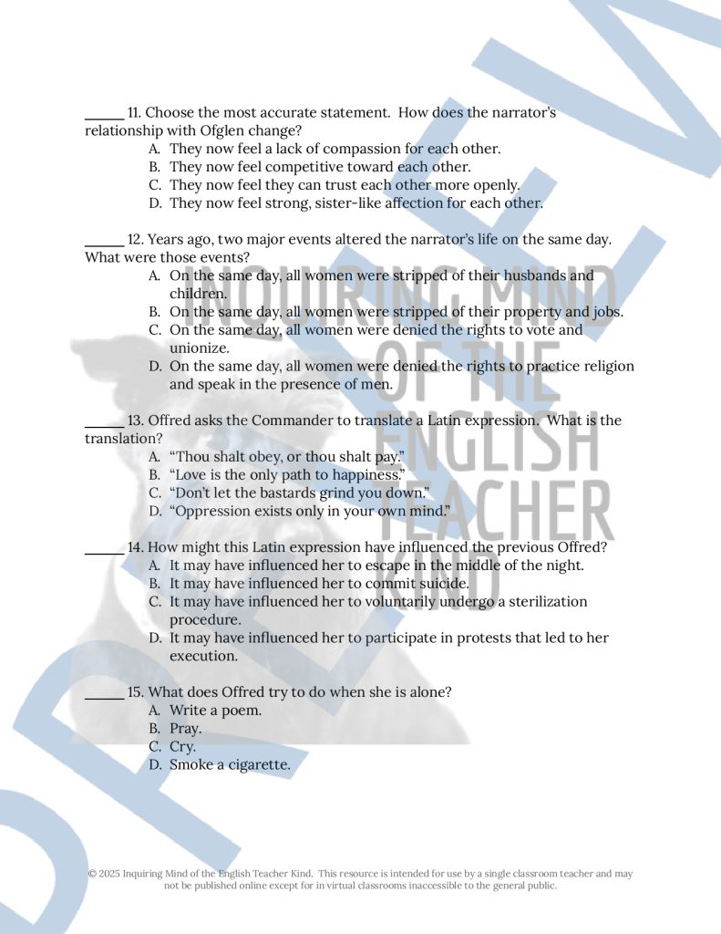 The Handmaid's Tale Chapters 18 through 30 Quizzes and Answer Keys ...