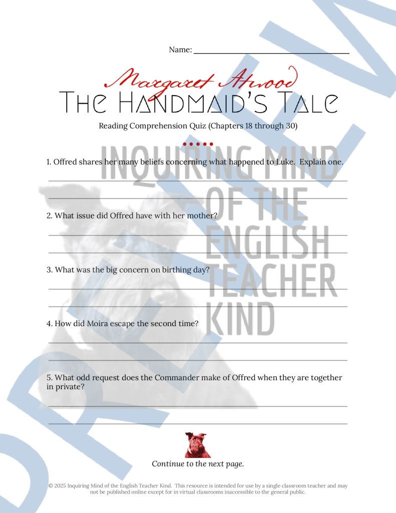 The Handmaid's Tale Chapters 18 through 30 Quizzes and Answer Keys ...