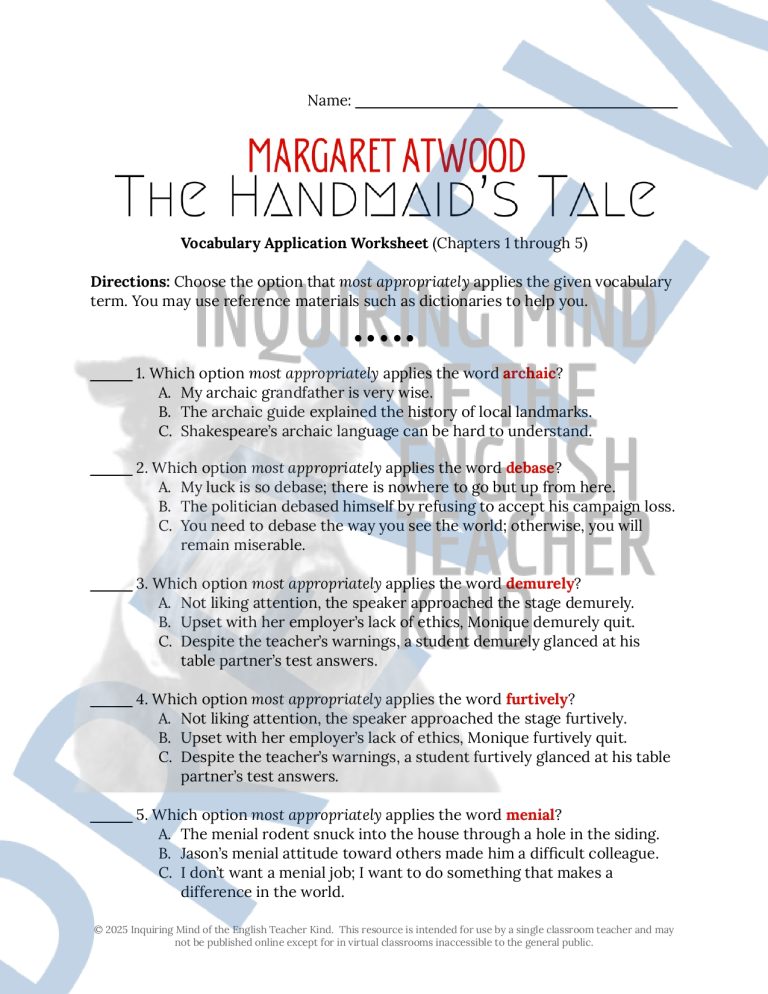 The Handmaid's Tale Chapters 1-17 Quizzes, Worksheets, and Vocabulary ...