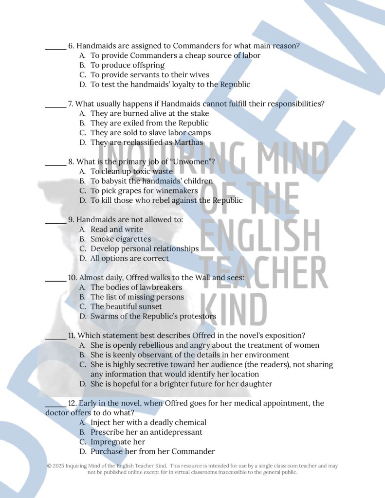 The Handmaid's Tale Test, Answer Key, and Study Guide for High School ...