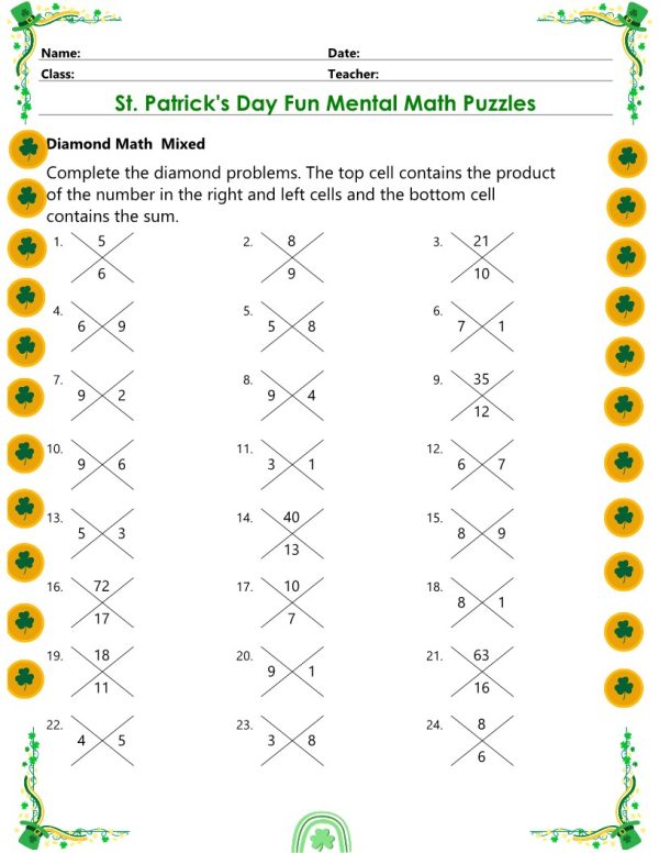 St. Patrick’s Day Fun Mental Math 50 Puzzles with Answer Key activity ...