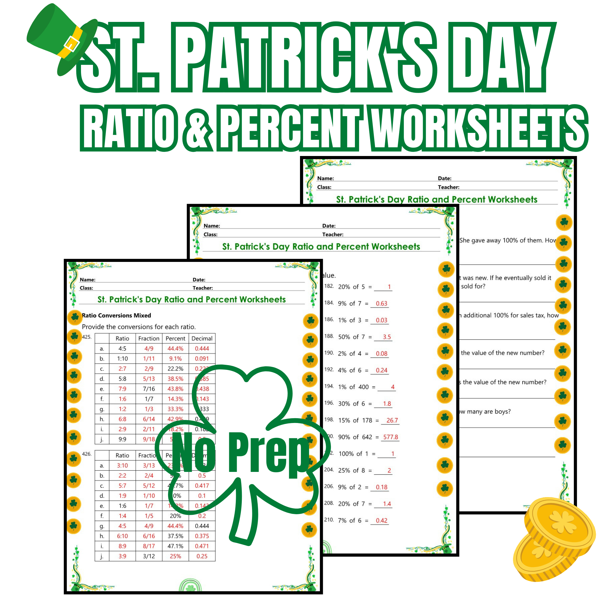 St. Patrick's Day Ratio & Percent Ratio Conversions" 30 Worksheets 5th ...