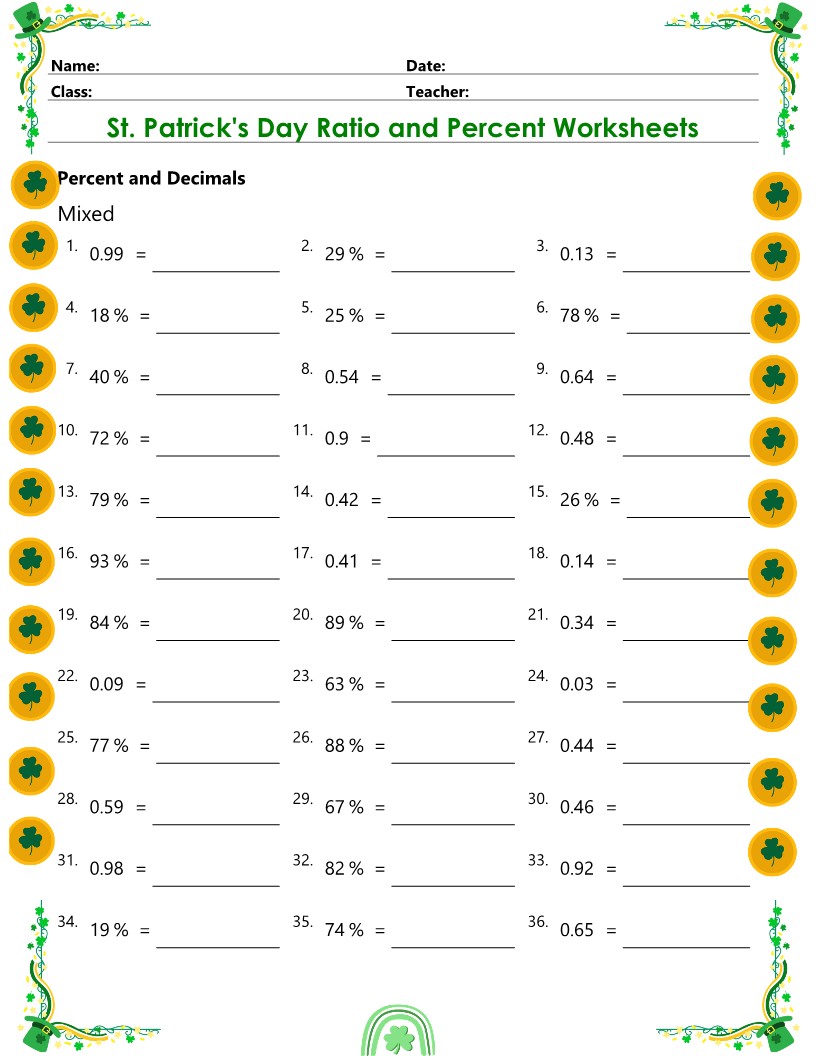 St. Patrick's Day Ratio & Percent Ratio Conversions" 30 Worksheets 5th ...