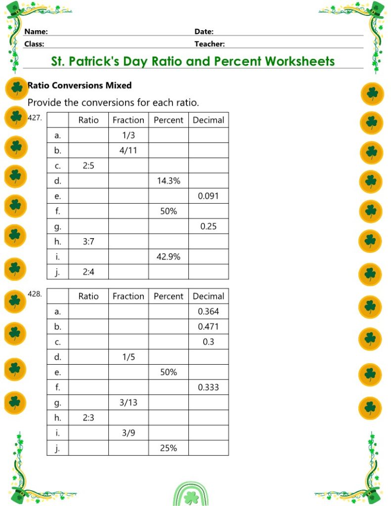 St. Patrick's Day Ratio & Percent Ratio Conversions" 30 Worksheets 5th ...