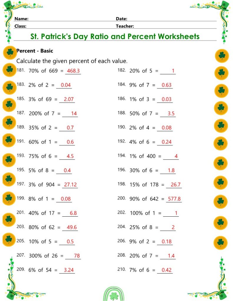 St. Patrick's Day Ratio & Percent Ratio Conversions" 30 Worksheets 5th ...