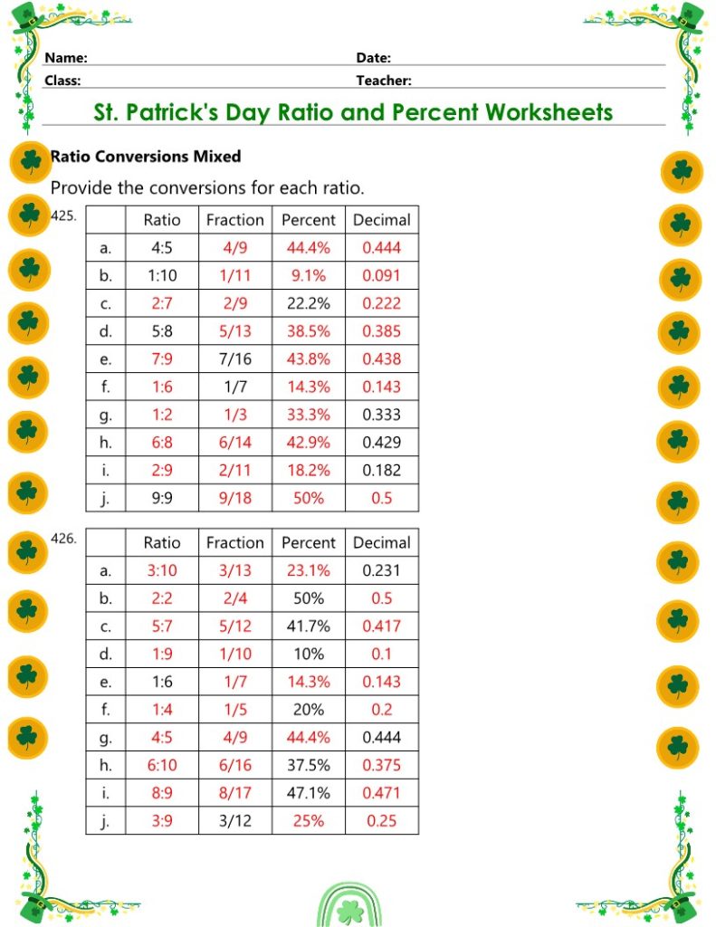 St. Patrick's Day Ratio & Percent Ratio Conversions" 30 Worksheets 5th ...