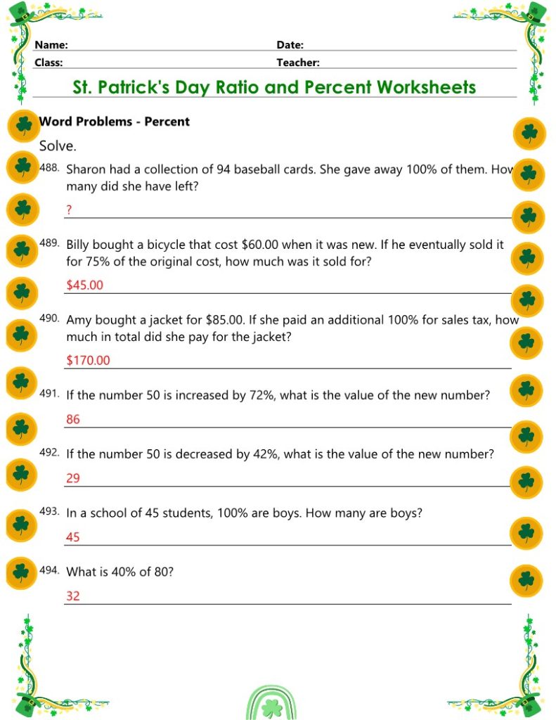 St. Patrick's Day Ratio & Percent Ratio Conversions" 30 Worksheets 5th ...