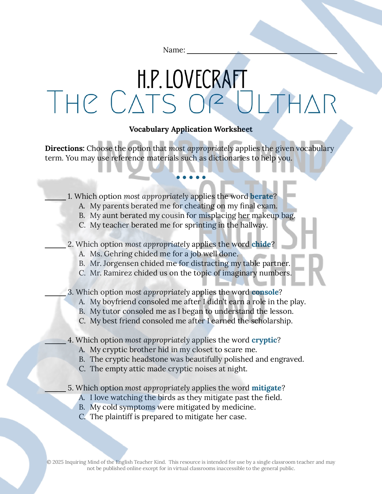 "The Cats of Ulthar" Quiz, Close Reading Worksheet, Vocabulary Games ...