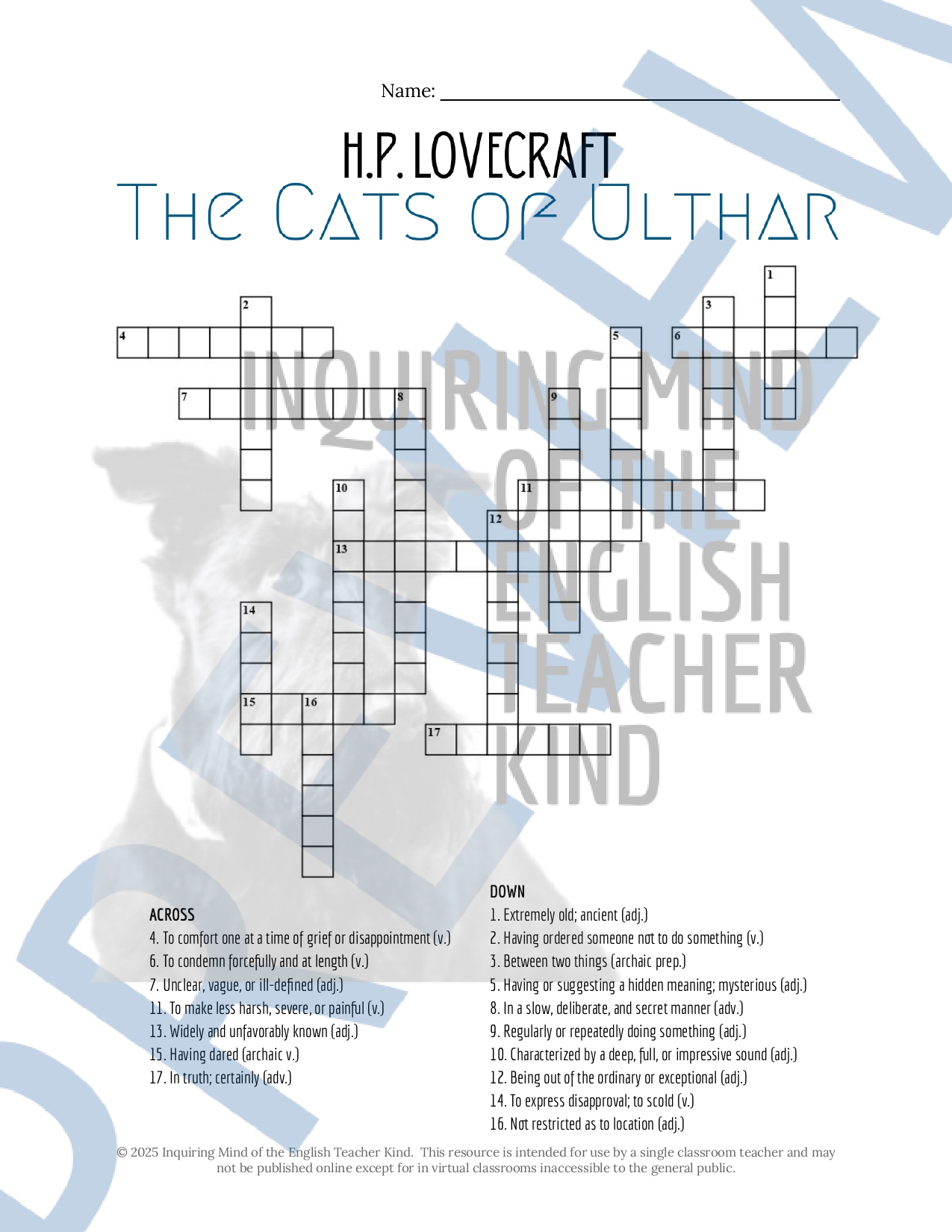 "The Cats of Ulthar" Quiz, Close Reading Worksheet, Vocabulary Games ...