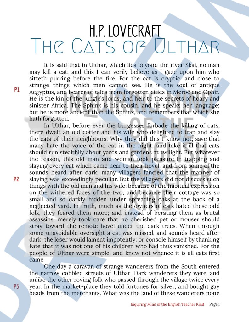 "The Cats of Ulthar" Quiz, Close Reading Worksheet, Vocabulary Games ...