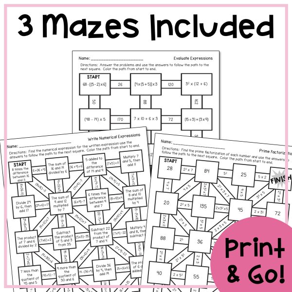 Order of Operations and Numerical Expressions Math Maze Worksheets ...
