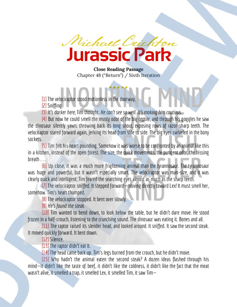 Jurassic Park by Michael Crichton Close Reading Analysis Worksheets ...