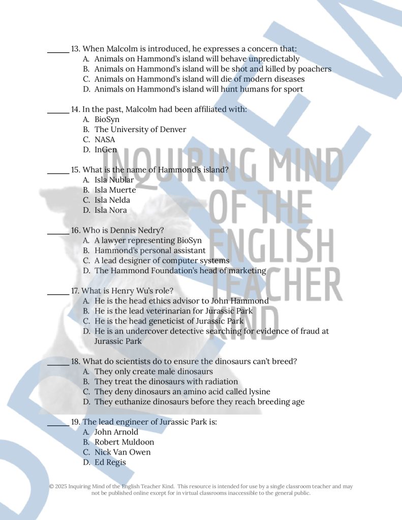 Jurassic Park by Michael Crichton Test and Answer Key with Study Guide ...