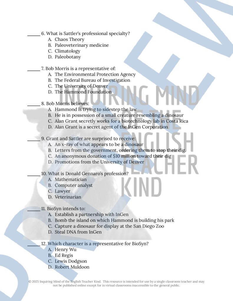 Jurassic Park Quizzes, Close Reading Worksheets, Vocabulary Games ...