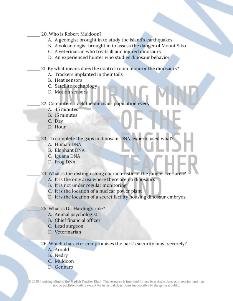 Jurassic Park Quizzes, Close Reading Worksheets, Vocabulary Games ...