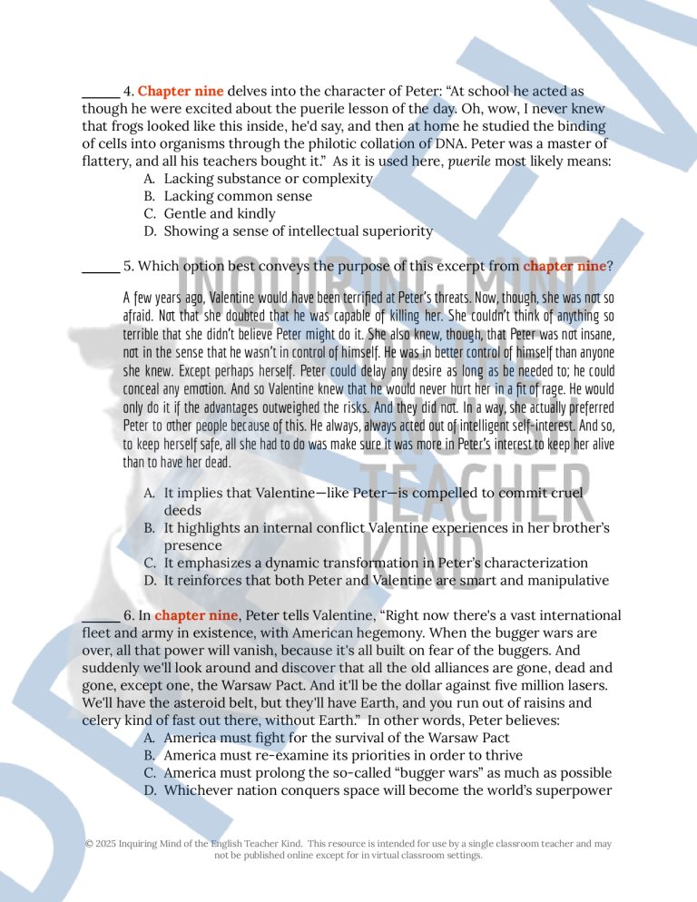 Ender's Game Chapters 9 and 10 Close Reading Analysis Worksheet - Made ...