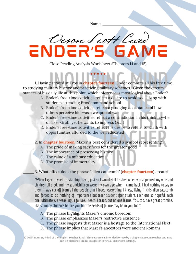 Ender's Game Chapters 14 and 15 Close Reading Analysis Worksheet | Made ...