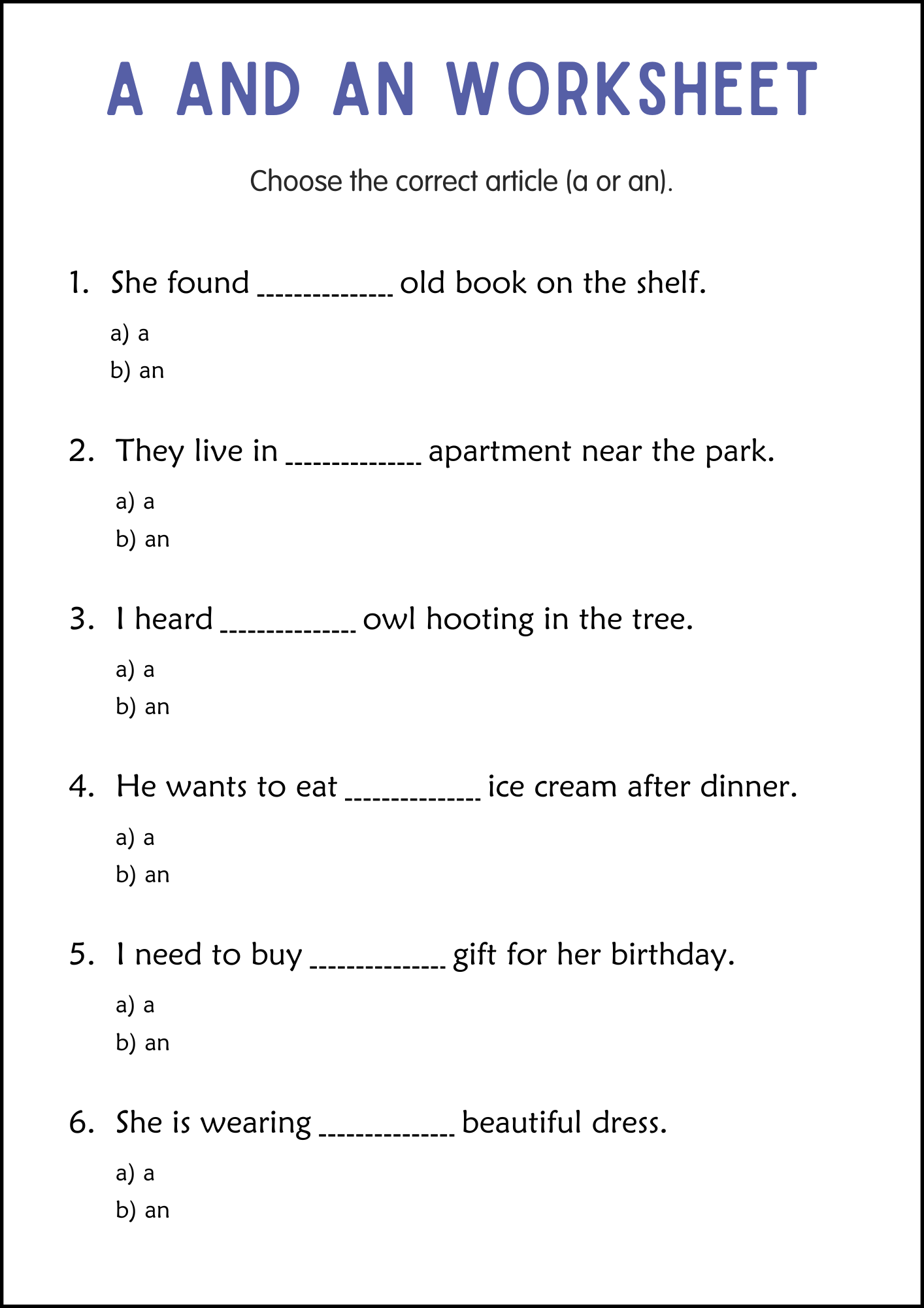 Printable Article A and An Grammar Worksheets for Grade 1, 2, 3 | Made ...