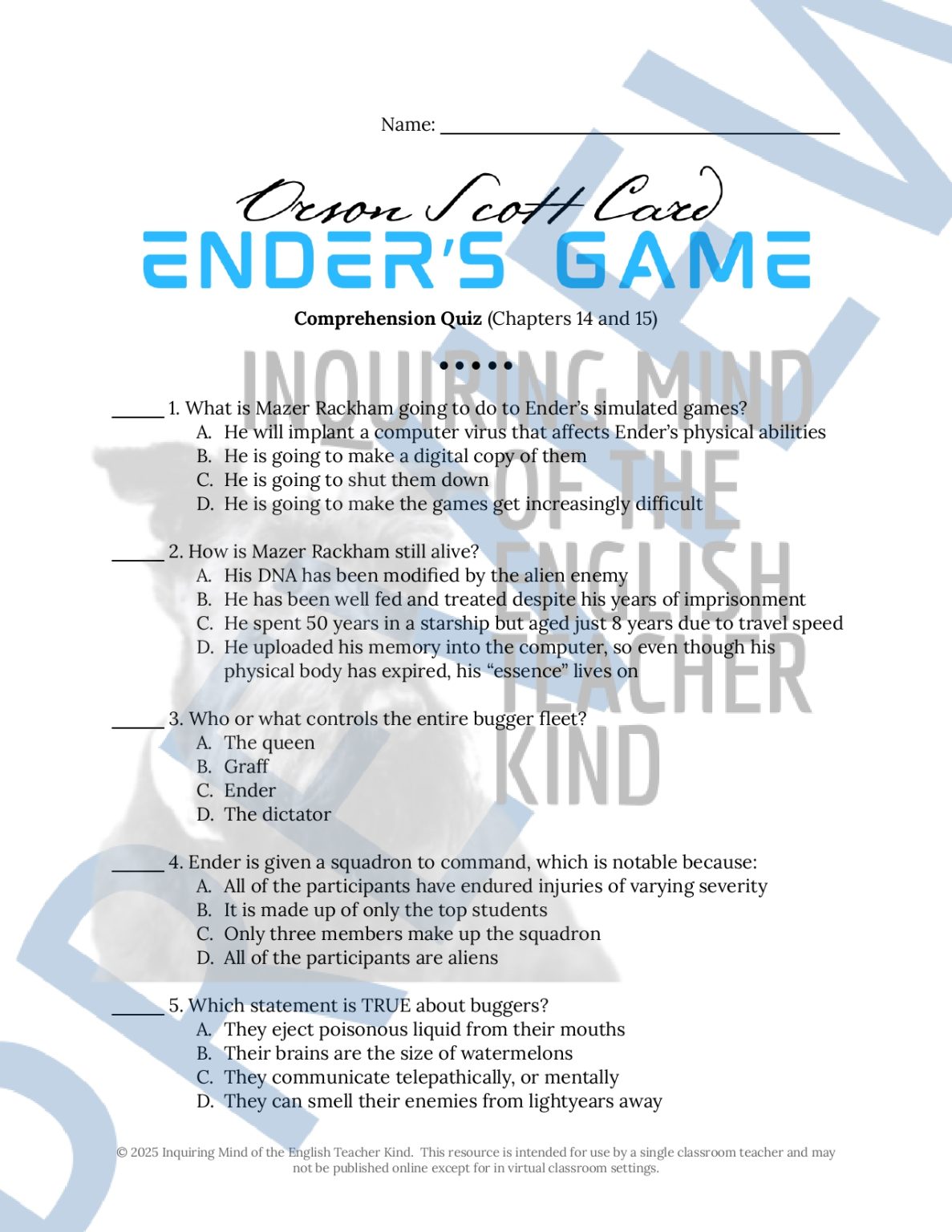 Ender's Game Chapters 14 and 15 Quiz, Analysis Worksheet, and ...