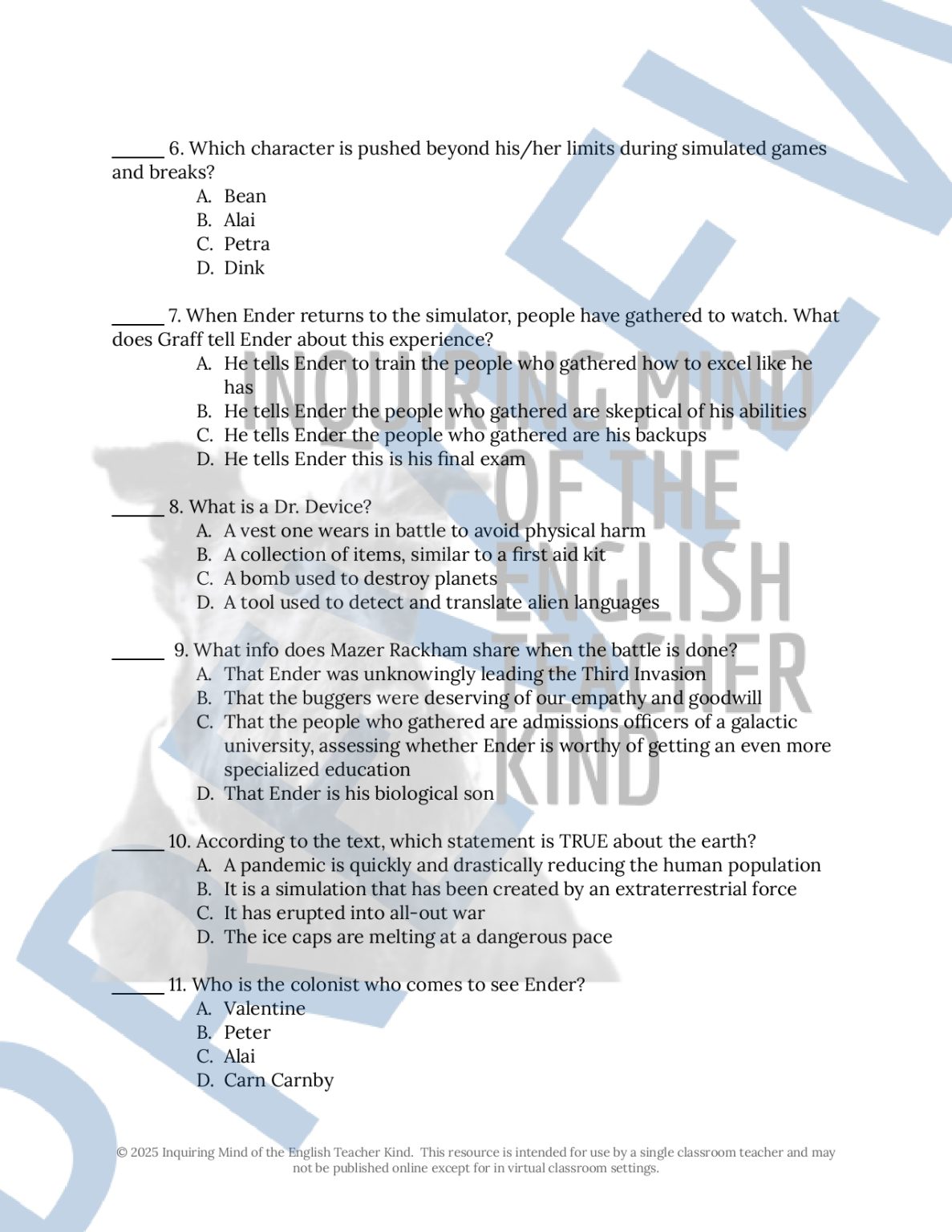 Ender's Game Chapters 14 and 15 Quiz, Analysis Worksheet, and ...