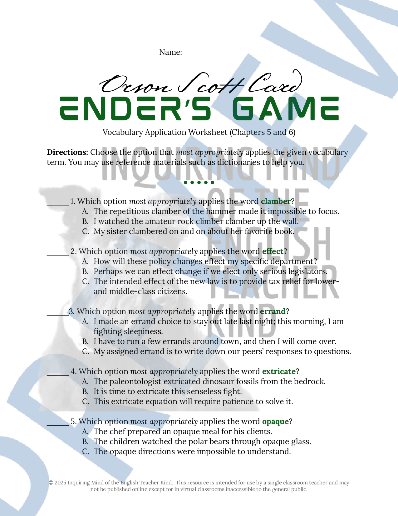 Ender's Game Chapters 5 and 6 Quiz, Analysis Worksheet, and Vocabulary ...