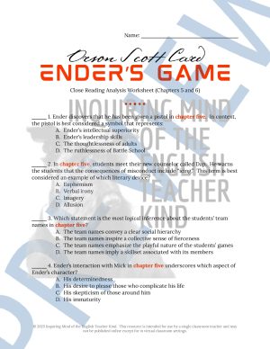 Ender's Game Chapters 5 and 6 Quiz, Analysis Worksheet, and Vocabulary ...