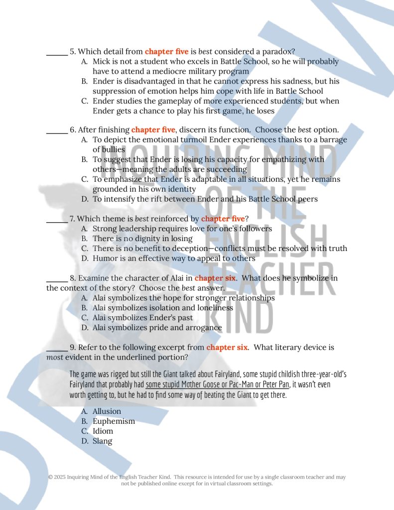 Ender's Game Chapters 5 and 6 Quiz, Analysis Worksheet, and Vocabulary ...