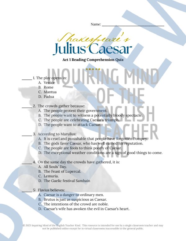 Shakespeare's Julius Caesar Act 1 Quiz and Answer Key for High School ...