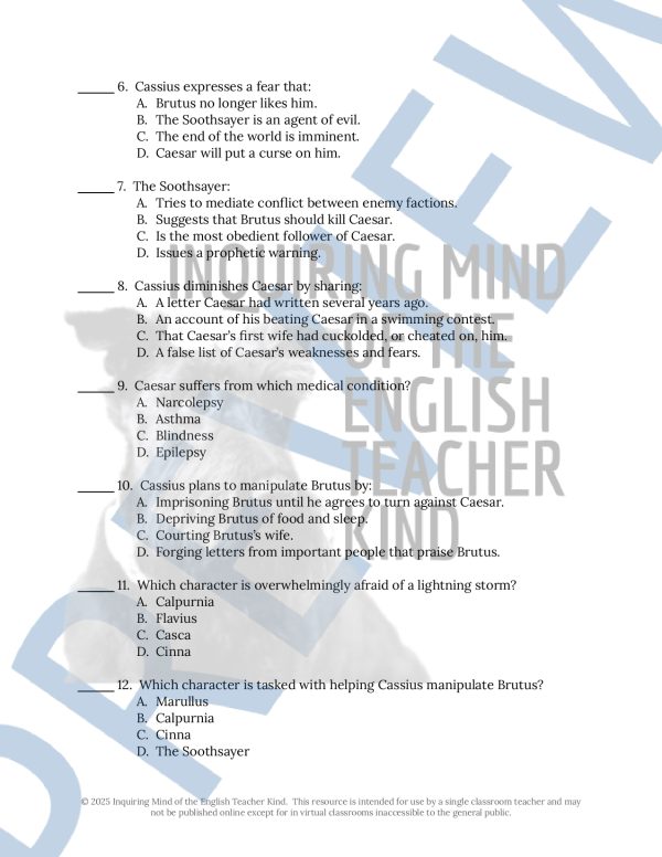 Shakespeare's Julius Caesar Act 1 Quiz and Answer Key for High School ...