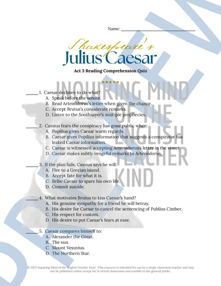 Shakespeare's Julius Caesar Act 3 Quiz and Answer Key for High School ...