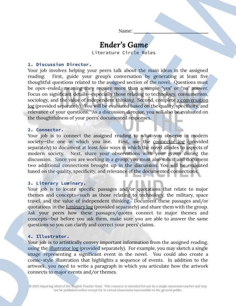 Ender's Game by Orson Scott Card Literature Circle Activities | Made By ...