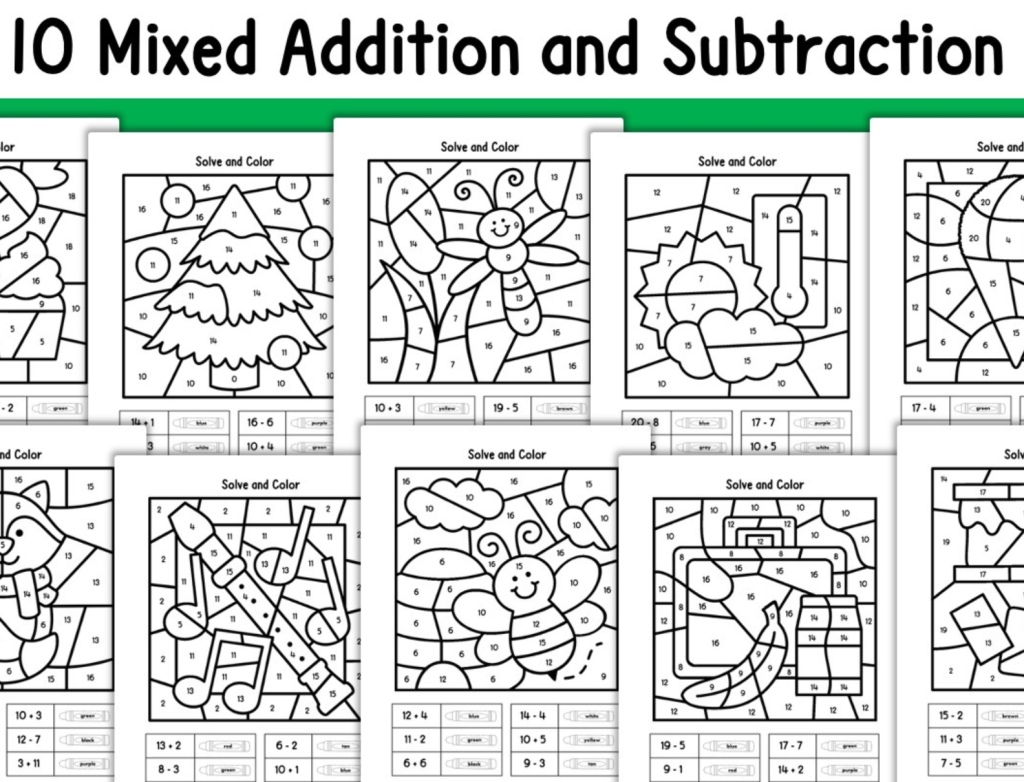 Addition and Subtraction to 20 Color by Number Coloring Worksheets ...