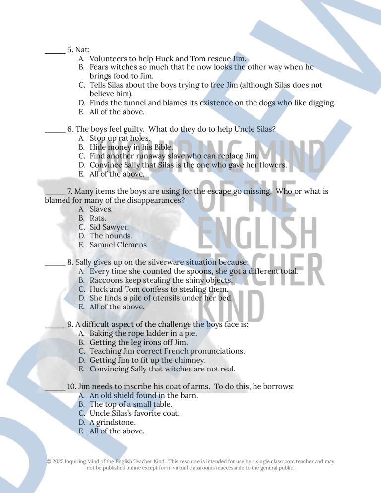 The Adventures of Huckleberry Finn by Mark Twain Quiz and Answer Key ...