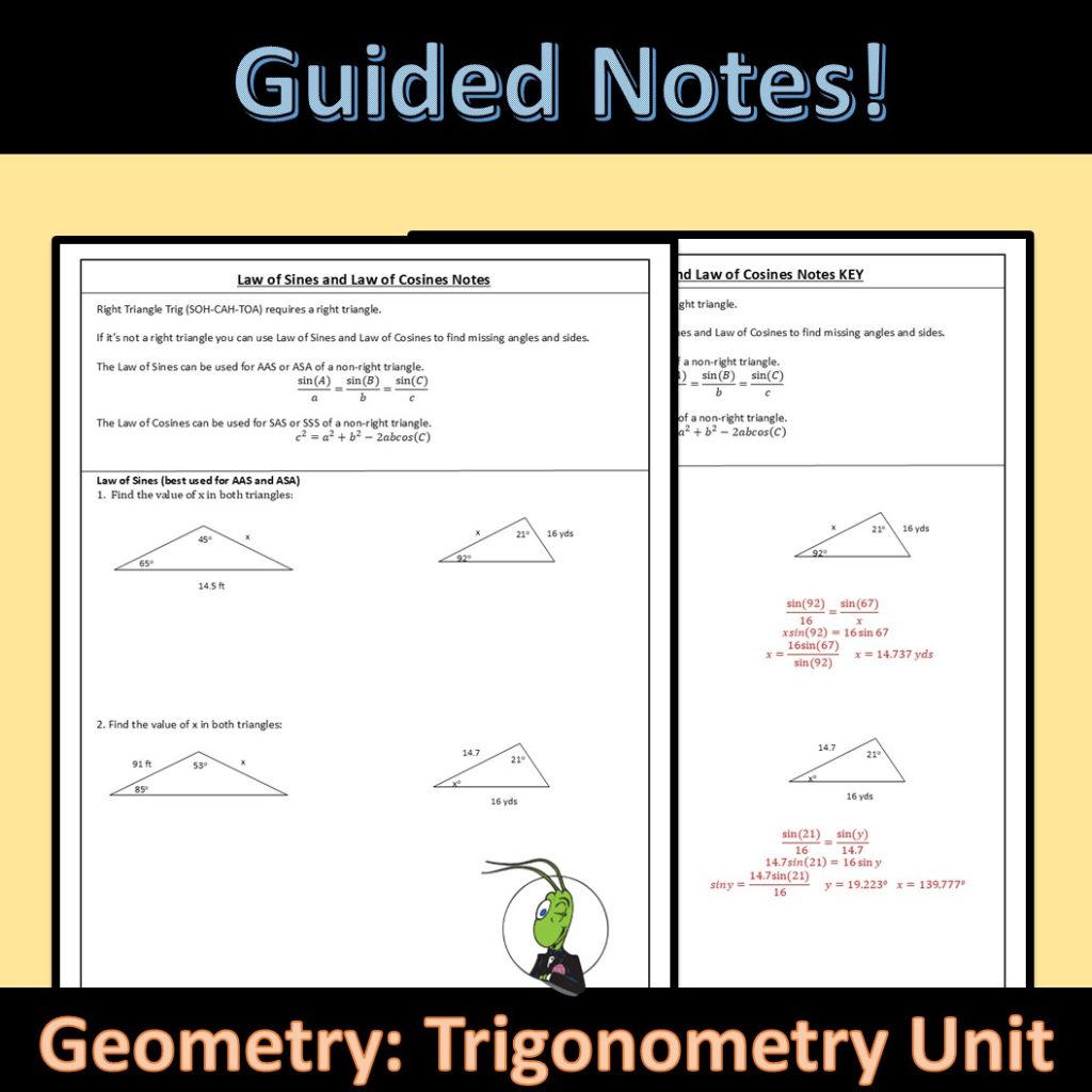 Law of Sines and Law of Cosines Geometry Guided Notes Trigonometry Unit ...