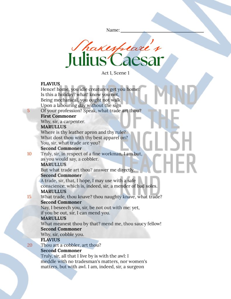 Julius Caesar Act 1 Scene 1 Close Reading Analysis Worksheet and Answer ...