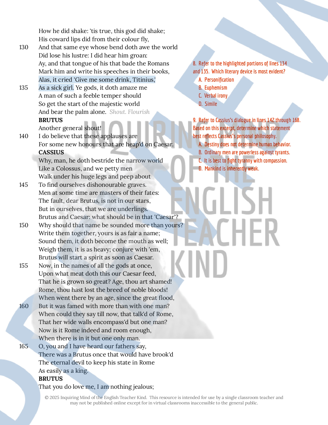 Julius Caesar Act 1 Scene 2 Close Reading Analysis Worksheet and Answer ...