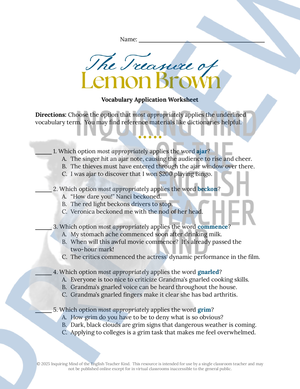 "The Treasure of Lemon Brown" Quiz, Analysis Worksheet, and Vocabulary ...